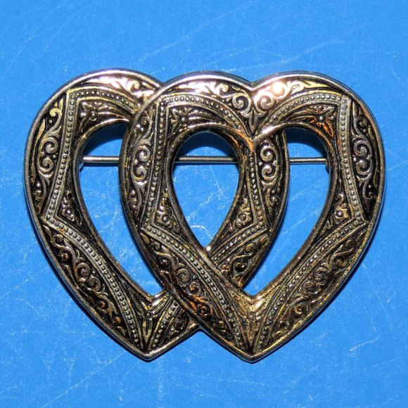 Spain | Jewelry | Vintage Damascene Double Heart Brooch Hearts Love ...